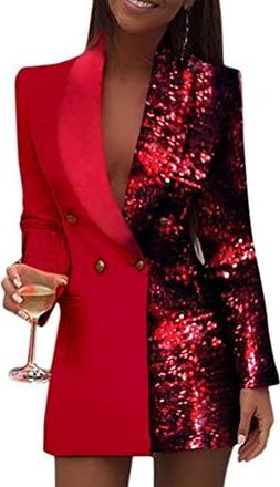 Minetom Blazer Femme Sexy Paillettes Scintillantes Col en V Tailleur Longue Cintré À Manches Longues Robe Moulante Mini Club De Fête Rouge 44