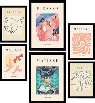 Nacnic Lot de 6 affiches Picasso et Matisse. Corps. Estampes de fauvisme et de surr&eacute;alisme pour lam&eacute;nagement int&eacute;rieur et la d&eacute;coration. A3 et A4, cadres noi