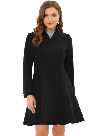 Allegra K Damen Mantel Langarm A-Linie R&uuml;schen Einreihiger Elegant Knopfleiste Wintermantel Schwarz XS
