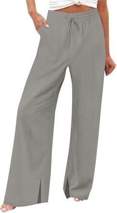 Generic Pantalon d&eacute;t&eacute; en lin pour femme - Long - L&eacute;ger et a&eacute;r&eacute; - Pantalon en lin &eacute;lastique - Taille haute - Pantalon de loisirs - Couleur unie - Confortable -