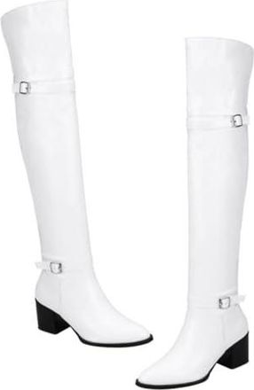 Supvox Bottes Cuissardes Femme Automne Hiver &agrave; Talons &Eacute;pais Hauteur Genou Surface PU Blanche Semelle Antid&eacute;rapante en Caoutchouc Taille 38 Bottes Chaudes pou