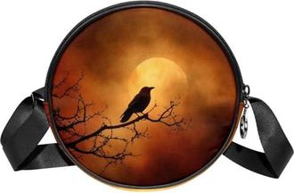 Generic Sac &agrave; bandouli&egrave;re rond pour femme, pleine lune, corbeau et branche, petit sac &agrave; bandouli&egrave;re avec fermeture &eacute;clair, bretelles r&eacute;glables, sac &agrave; main ron