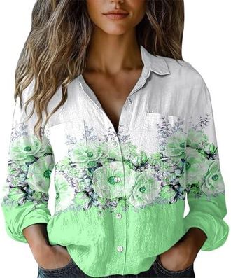 Generico Chemise Femme Curvy &agrave; Manches Longues Blouse Coton Et Lin D&eacute;contract&eacute; Respirant T Shirt Col en V Mode Chemisier Vintage Fantaisie avec Boutons Doux Ch