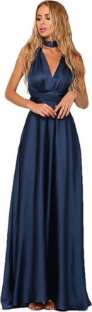 Jamron Damen Elegant Tiefer V-Ausschnitt R&uuml;ckenfreies Satin Abendkleid Multiway Wickelkleid Abschlussballkleid SN0703227 Marineblau XXL