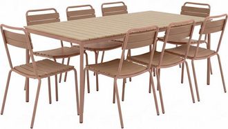 Oviala Ensemble table de jardin en m&eacute;tal et bois et 8 chaises marron