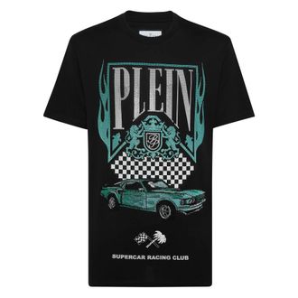Philipp Plein Homme, Tops, Noir, Taille: L Jersey T-shirt Col Rond SS Strass Flame Racing