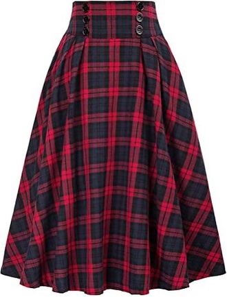 Minetom Jupe Plaid Longue Pliss&eacute;e Femme Vintage A-Ligne Taille Haute Midi Jupes Swing Jupe &Eacute;vas&eacute;e Printemps Automne A Rouge M