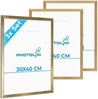 Photolini Cadre 30 x 40 doré bois MDF, lot de 3 cadres photo 30x40 pour posters, picture frame 40x30, verre acrylique incassable, décoration murale à suspendre,