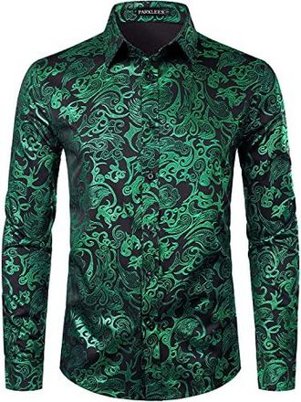 PARKLEES Chemise de luxe pour homme, imprimé élégant, coupe ajustée, boutonnée Motif cachemire doré brillant, XXL