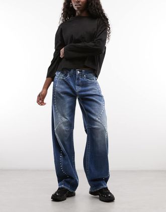 True Religion Western-Jeans mit Nieten, Bailey Baggy Barrel in Mittelblau