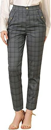 Allegra K Pantalon Vintage Tartan à Carreaux Taille élastique, Pantalon Long Droit pour Femme, Gris, Taille S