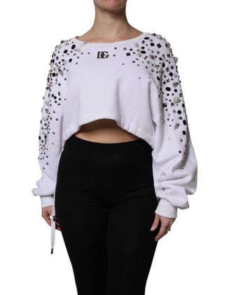 Dolce & Gabbana Womens White Embellished Long Sleeve Cropped Sweater Cotton Clothing