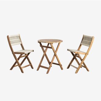 Sklum Set aus rundem Tisch &Oslash;60 cm und 2 klappbaren Gartenst&uuml;hlen aus Akazienholz Delawer Classic Creme-Beige - Sklum