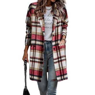Generic Veste chemise &agrave; carreaux en flanelle pour femme 2025 - Tendance dautomne - Col &agrave; revers crant&eacute; - Blazer boyfriend avec poches, Rouge, XXL