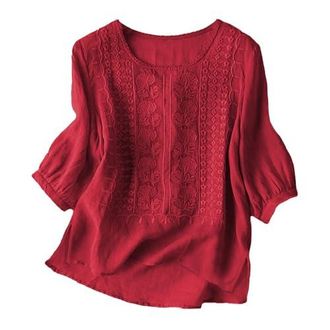 Generic Chemisiers en lin pour femme - D&eacute;contract&eacute; - Vintage - Broderie - Manches 3/4 - Col rond - Manches courtes - Tendance - V&ecirc;tements boh&egrave;mes, Rouge, 3XL