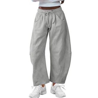 Generic Pantalon de survêtement pour femme avec cordon de serrage et taille élastique, pantalon Palazzo décontracté en coton avec poches, gris, XXL