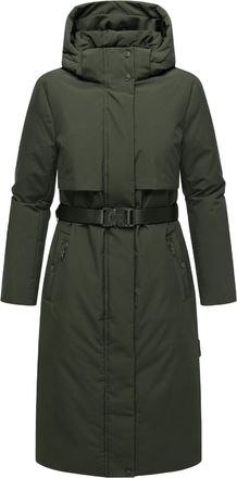 Navahoo Damen Wintermantel warmer, wasserabweisender Parka mit (abnehmbarer) Kapuze und Taillengürtel Waldbummler 14 Dark Olive Gr. 3XL