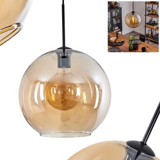 HOFSTEIN Hängeleuchte Koyoto, Hängelampe aus Metall/Glas in Schwarz/Bernsteinfarben, Leuchte 1-flammig im Vintage/Retro Design mit Schirm aus Glas (Ø 30 cm), H