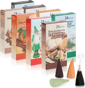 Com-Four 192x Räucherkerzen - Duftkegel in 8 weihnachtlichen Nuancen - Räucherstäbchen für Advent und Weihnachten - erzgebirgische Räucher-Hütchen mit Weihnach
