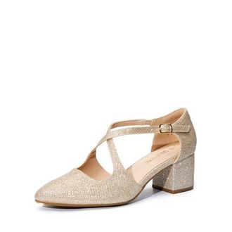 Dream Pairs Escarpins &agrave; talons &eacute;pais pour femme - Bout pointu - Confortables - Sangle crois&eacute;e - Talon bloc - Pour f&ecirc;te, danse, mariage, Paillettes dor&eacute;es., 38.5 E