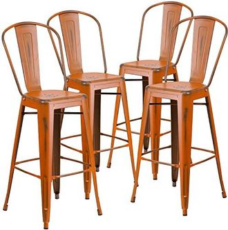 Flash Furniture Handelsübliche Qualität, 4 Stück, 76,2 cm hoch, Metall, für drinnen und draußen, Barhocker mit Rückenlehne, Orange, 4 Stück