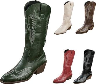Generic Bottes de cowboy occidentales mi-mollet pour femme avec broderie florale, bout pointu et talon &eacute;pais &agrave; enfiler, style r&eacute;tro, chaussures occidentales c