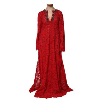 Dolce & Gabbana Rotes Blumen Spitze Strass Maxikleid - - Dresses - Damen - Rot - XS