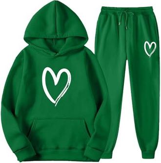 Generic Ensemble de sweat-shirt &agrave; capuche dhiver pour femmes, surv&ecirc;tement d&eacute;contract&eacute; ample de couleur unie avec coeur et velours (Green, XXXL)