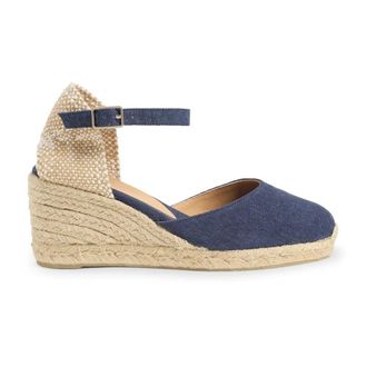 Castaner Carol gewaschene Baumwoll-Espadrilles mit Kn&ouml;chelriemen mit seitlicher Metallschnalle und 7 cm Keilabsatz. - - Shoes - Damen - Blau - 36 EU