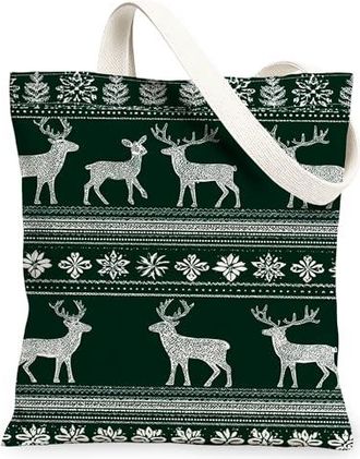 Generic Sacs fourre-tout en toile de cerf de No&euml;l, motif animal rustique, sacs d&eacute;picerie r&eacute;utilisables, l&eacute;gers et lavables en hiver, bandouli&egrave;re Ca, vert, 13x