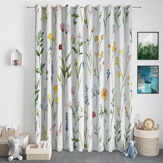 Generic Rideaux Occultants À OEillets avec Herbe Et Fleurs À LAquarelle Rideaux De Fenêtre À Motifs Imprimés 85L X 200H cm pour Chambre À Coucher Salon Rideau