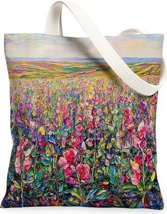 Generic Sac fourre-tout en toile r&eacute;utilisable pour le shopping, 33 x 38 cm, motif imprim&eacute; paysage floral, sac d&eacute;picerie pour femme, paysage naturel, plage, es