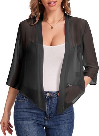 Bbonlinedress Bolero Damen festlich schwarz Chiffon Strickjacke elegant Langarm Casual Bolerojacke Offene Vorderseite Schulterjacke Black 2XL