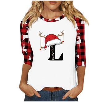 Generic Chemises de Noël pour femmes, coupe ample, automne/hiver, manches sept quarts de Noël, lettres imprimées, hauts décontractés à manches longues, Chemis