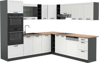 Vicco Eckküche R-Line, Küchenzeile in L-Form, Weiß Landhaus/Anthrazit, 237 x 247 cm, AP Eiche