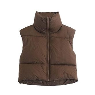 ORANDESIGNE Veste Femme Col Montant Gilet Matelass&eacute; L&eacute;ger Manteaux sans Manche Col Montant Gilet en cuir PU Court Doudoune sans Manches Gilet en Duvet Double Face