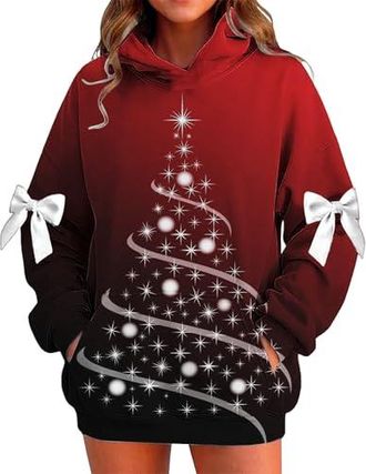 Generic HUIFUAO Sweat à capuche de Noël amusant et scintillant pour femme - Grande taille - Pull à manches longues - Cadeau fantaisie avec poches, Rouge 2., X