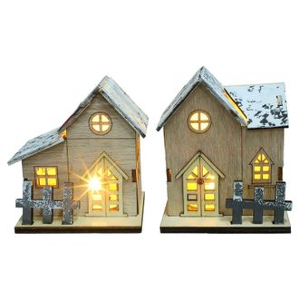 Cabilock LED Weihnachtsdeko Holzornamente 2 St&uuml;ck Leuchtende Miniatur Holzh&auml;user Schreibtischdekoration Festliche Beleuchtung