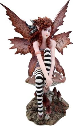 Ebros Gift Amy Brown Dekofigur mit roten Haaren, verzauberter Wald, Herbstfee, sitzend auf riesigem Fliegenpilz, 15,9 cm hoch, Fantasie-Fee, Garten, magische Sam