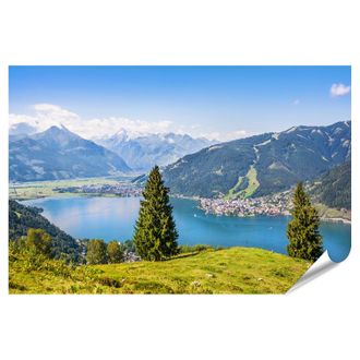 Islandburner XXL Bild Poster Bergsee Panorama mit Alpen und Wald im Sonnenschein Premium Bilder Fotodruck