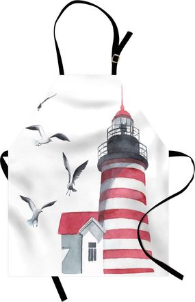 Abakuhaus Leuchtturm Kochschürze, Seagulls Strand Meer, Unisex-Küchenlätzchen mit verstellbarem Hals für Kochen Gartenarbeit, 67 cm x 80cm, Rot, Grau, Weiß