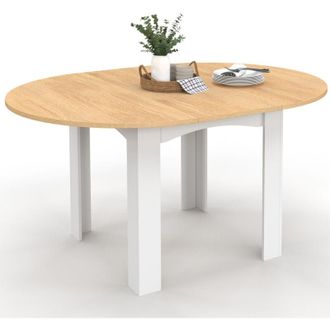 IDMarket Table &agrave; manger extensible ronde DONA 4-8 personnes blanche plateau fa&ccedil;on h&ecirc;tre 110-150 cm