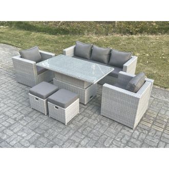 Fimous Salon de Jardin Exterieur Table &agrave; manger r&eacute;glable en hauteur ave canap&eacute; 2 Fauteuil 2 Petit Tabourets Gris Clair - Fimous