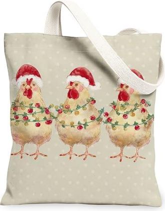 Generic Sacs fourre-tout en toile de No&euml;l, motif volaille festive, sacs d&eacute;picerie r&eacute;utilisables, mignons, l&eacute;gers, lavables, Beige, 13x15 Inch