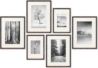 Photolini Cadre bois MDF ch&ecirc;ne fonc&eacute;, lot de 6 cadres photo No.4 avec passe-partout pour posters et affiches, verre acrylique incassable, &agrave; suspendre, accessoir