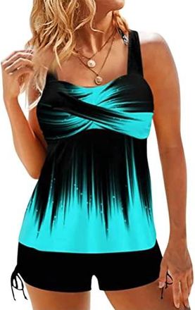 Minetom Femme Maillot De Bain Deux Pièce Tankini Imprimé Rembourré Maillot avec Short De Garçon Maillots De Bain Taille Haute Beachwear E Bleu XL