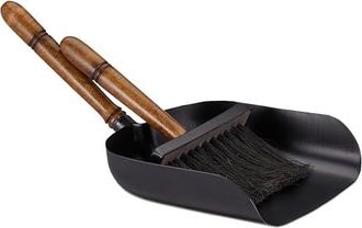 Relaxdays Accessoires de Nettoyage pour chemin&eacute;e, Pelle & balayette, Fer & poign&eacute;e en Bois, Poils de Jute, Noir - Marron