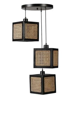 Opviq Elegant FIR Wood Chandelier with Natural Rattan Cap, Adjustable Height 70 cm | 18 cm Diameter | E27 Socket, Max 40W | Stylish Black & Rattan Design fo
