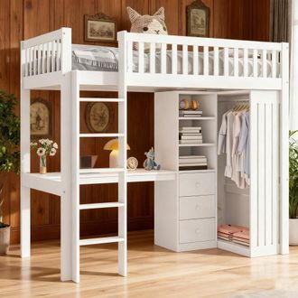 Generic Integrierte M&ouml;bel Mezzanine-Bett 90x200 - Kombiniertes B&uuml;ro, Ankleidezimmer und Abstellraum mit sicherer Treppe (Farbe: wei&szlig;)