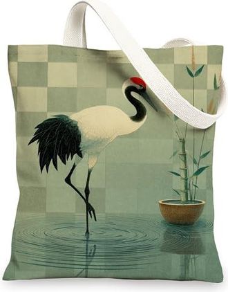 Generic Sacs fourre-tout en toile grue, motif oiseaux et bambou, sacs dépicerie réutilisables, modernes, légers et lavables, bandoulière en toile Ba, vert, 13